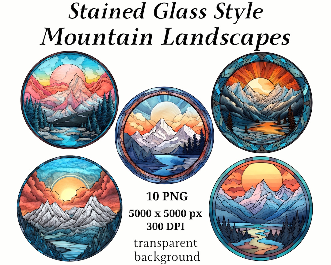 Stained Glass Mountain Landscape, 10 High Quality Pngs, Stained Glass ...