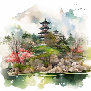 Japanese Landscape Clipart -set 2- 10 High Quality Jpgs, Watercolor Art ...