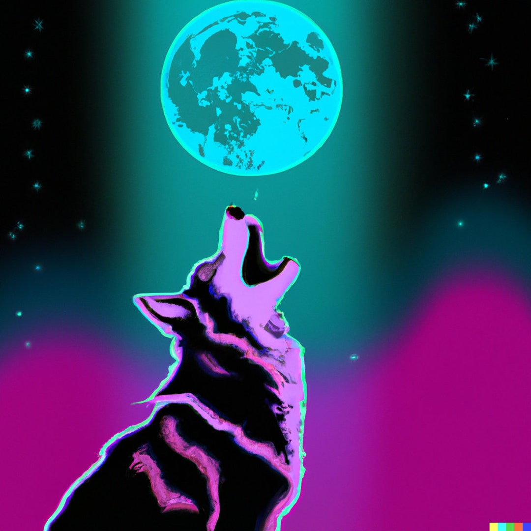 Neon Synthwave Style Howling Black Dog Blue Moon Dog Downloadable Print ...