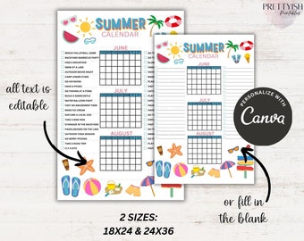Editable Summer Calendar Poster, Summer Activities Calendar, Summer ...