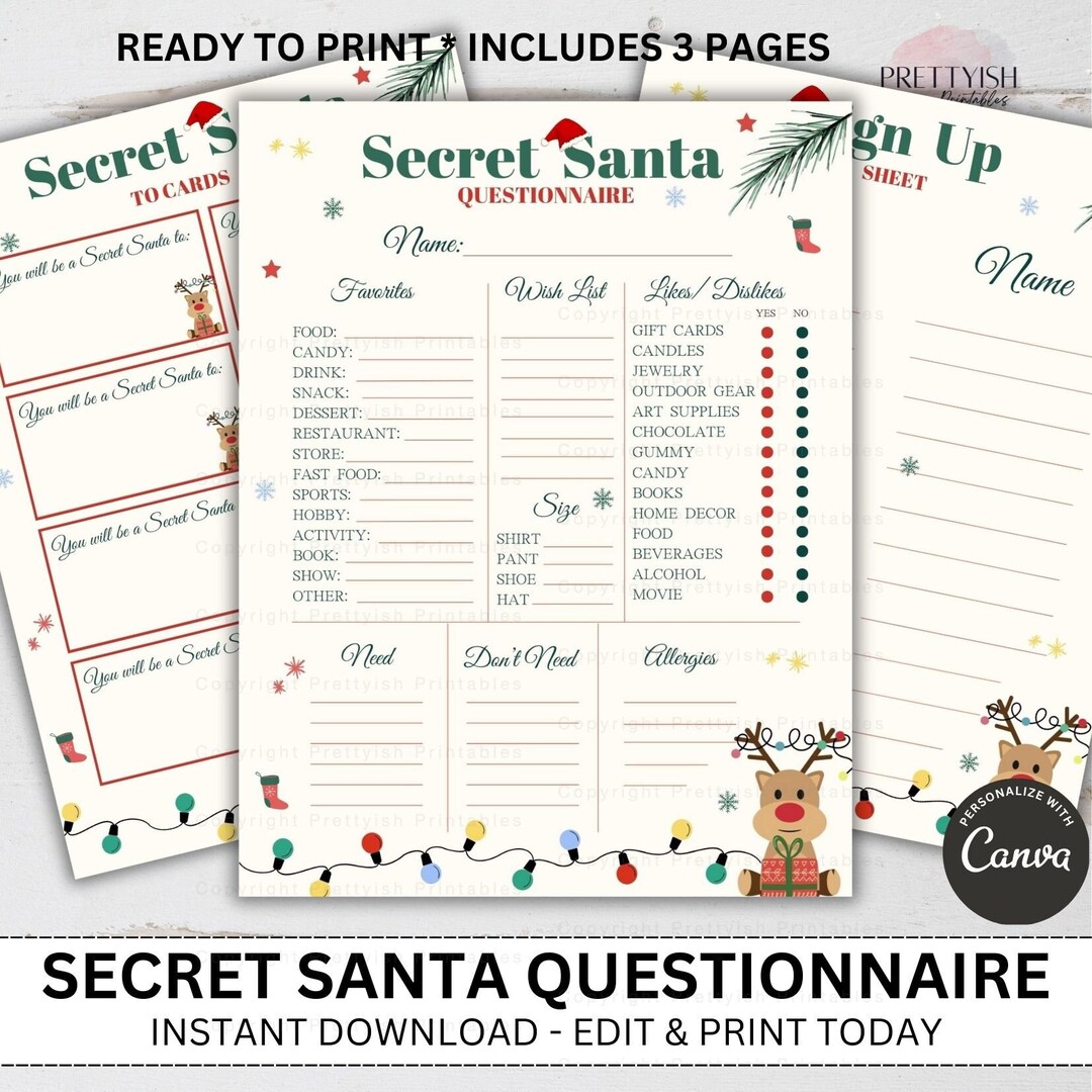 Editable Secret Santa Questionnaire Template Work, Office, Family Gift ...