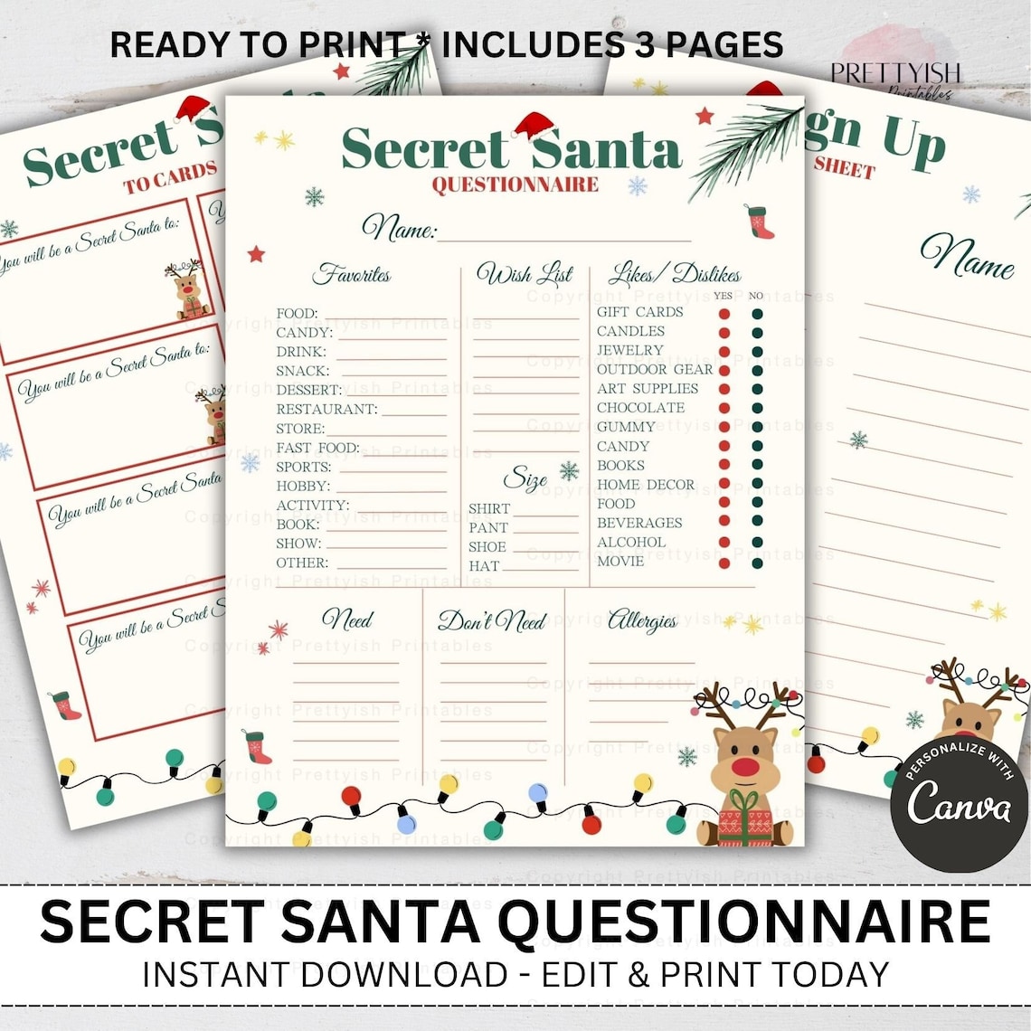 Editable Secret Santa Questionnaire Template Work, Office, Family Gift ...