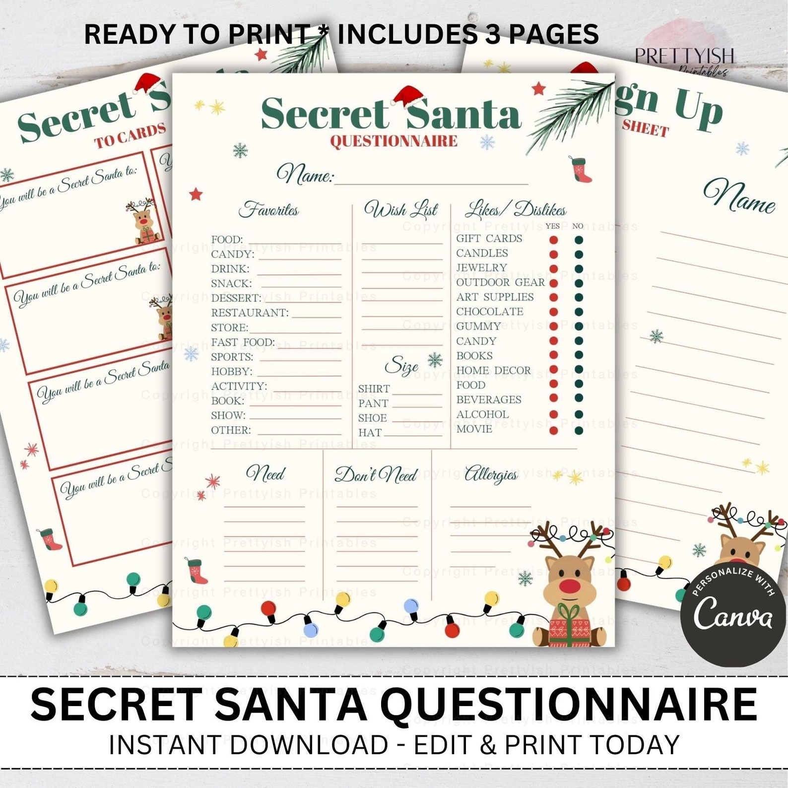 Editable Secret Santa Questionnaire Template Work, Office, Family Gift ...