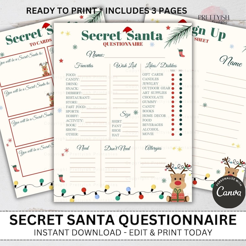 Editable Secret Santa Questionnaire Template Work, Office, Family Gift ...