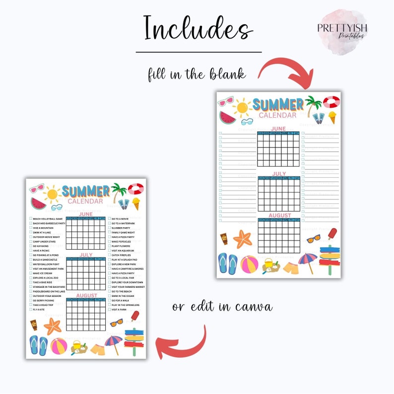 Printable Summer Calendar Poster, Summer Activities Calendar, Bucket ...