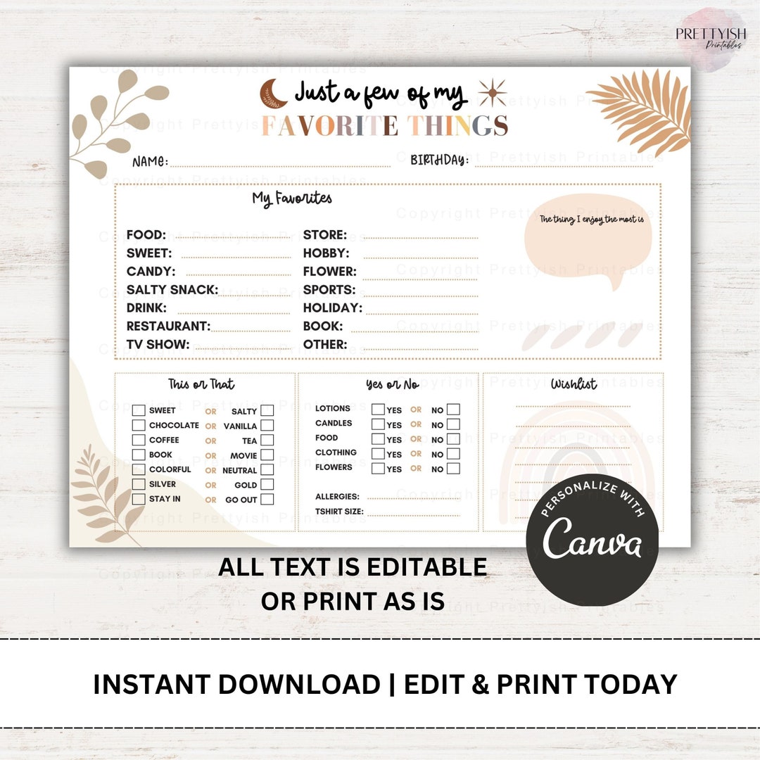 Teachers Favorites List Editable Template Printable, Meet the Teacher ...
