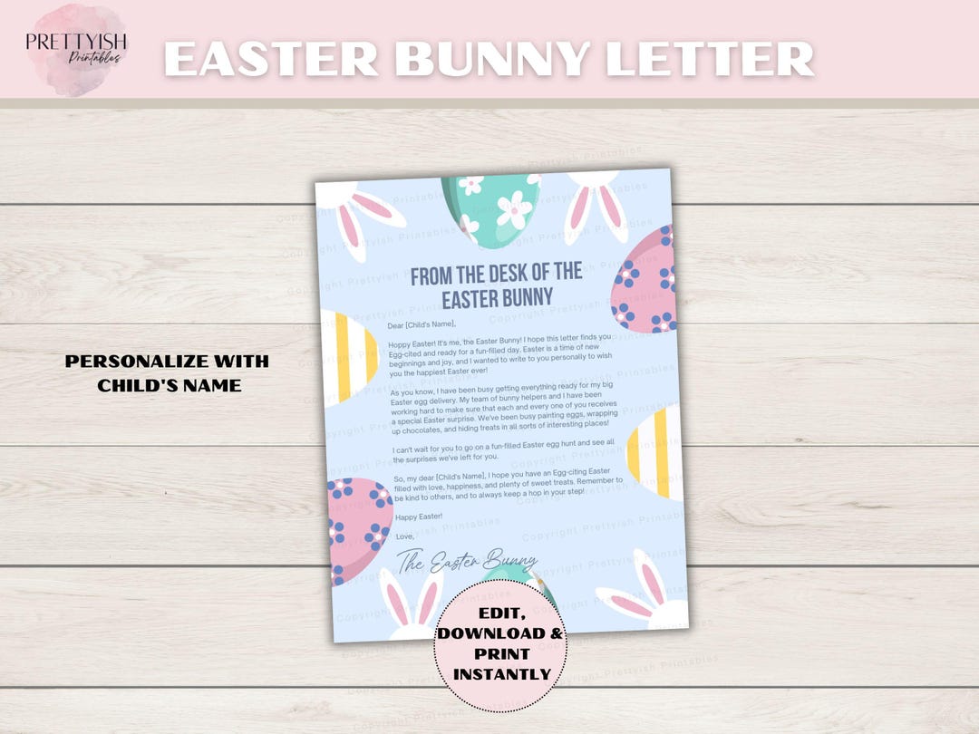 Personalized Easter Bunny Letter, Editable Printable Note (digital ...
