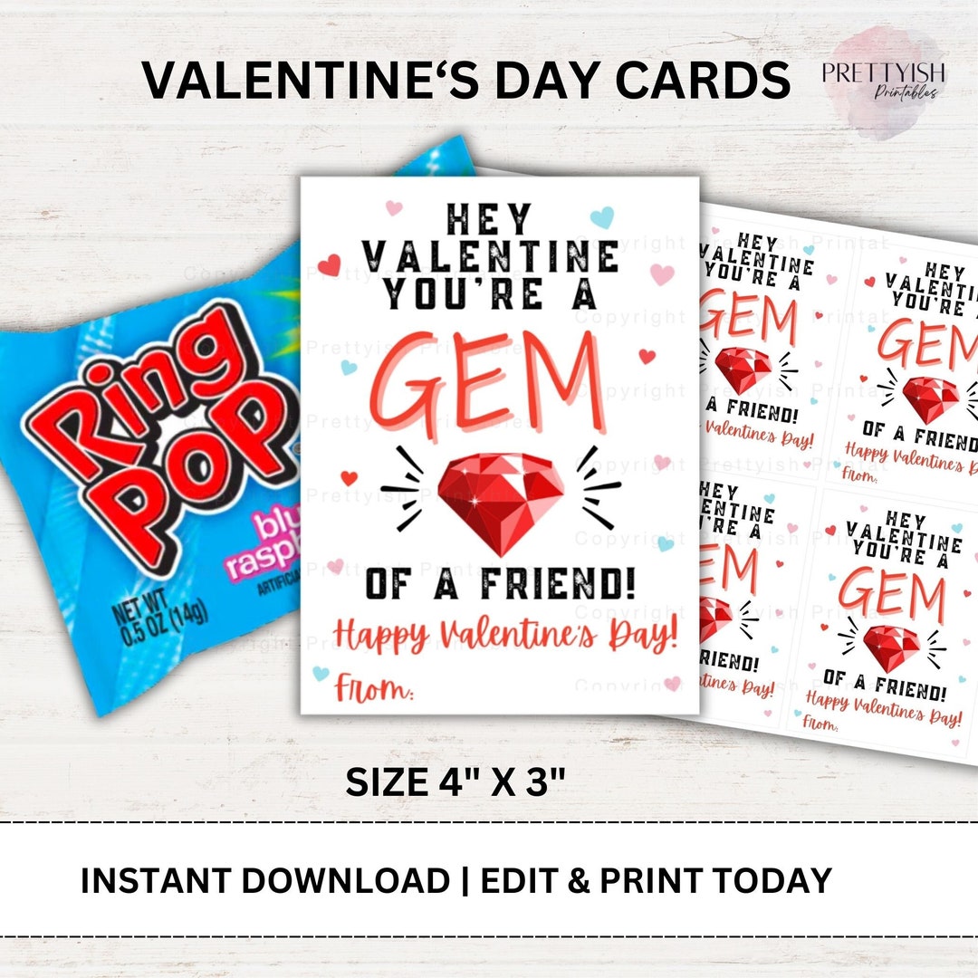 Ring Pop Valentines Printable Tag for Kids Classroom, Gemstone ...