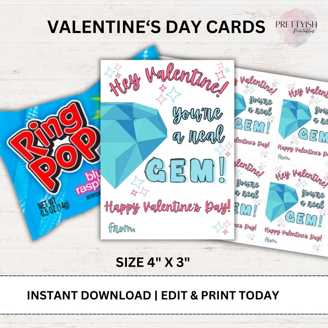 Ring Pop Valentine Tag, Gemstone Valentine Cards, Kids Valentine Cards ...