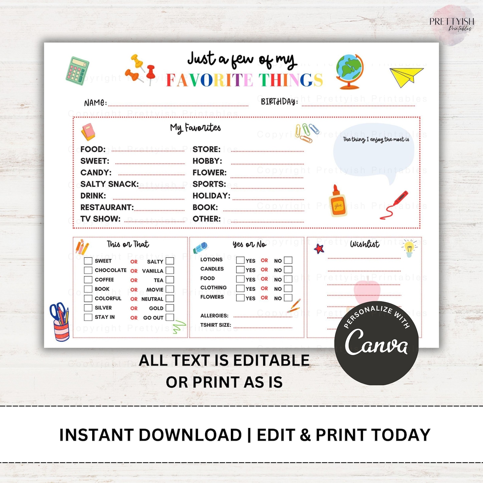 Teachers Favorites List Editable Template Printable, Meet the Teacher ...