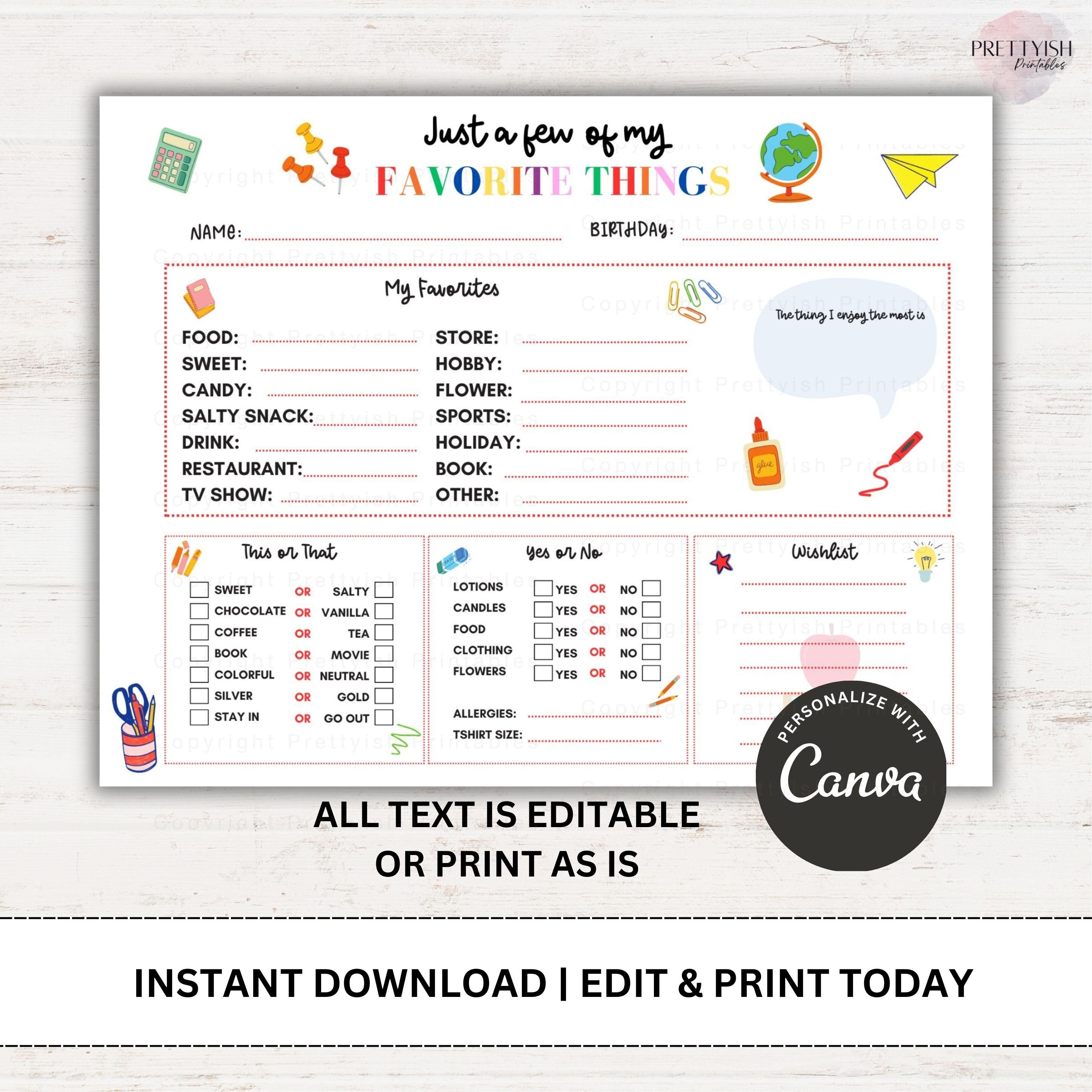 Teachers Favorites List Editable Template Printable, Meet the Teacher ...