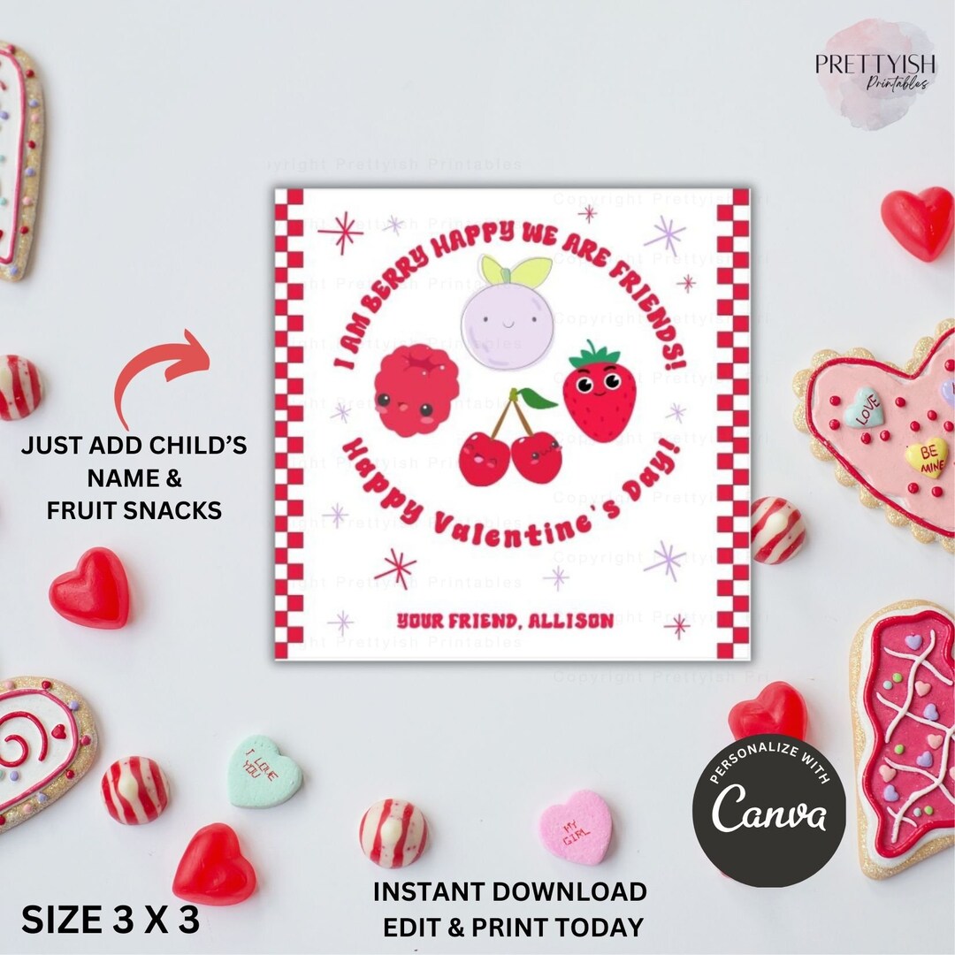 Classroom Valentines Printable, Fruit Snack Valentine Card, Kids ...