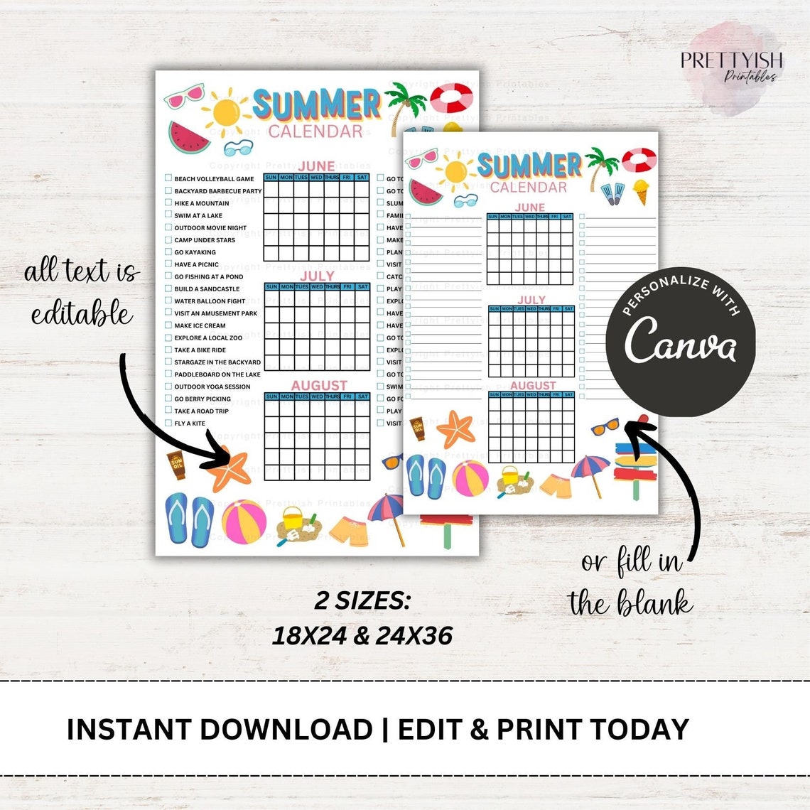 Printable Summer Calendar Poster, Summer Activities Calendar, Bucket ...