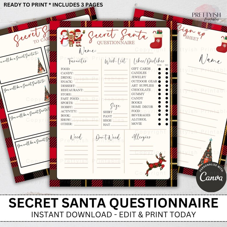 Editable Secret Santa Questionnaire Template Work, Office, Family Gift ...