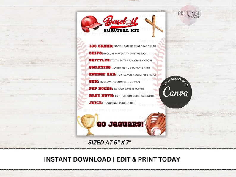 Baseball Survival Kit Printable, Gift Bag Printable, Printable Baseball ...
