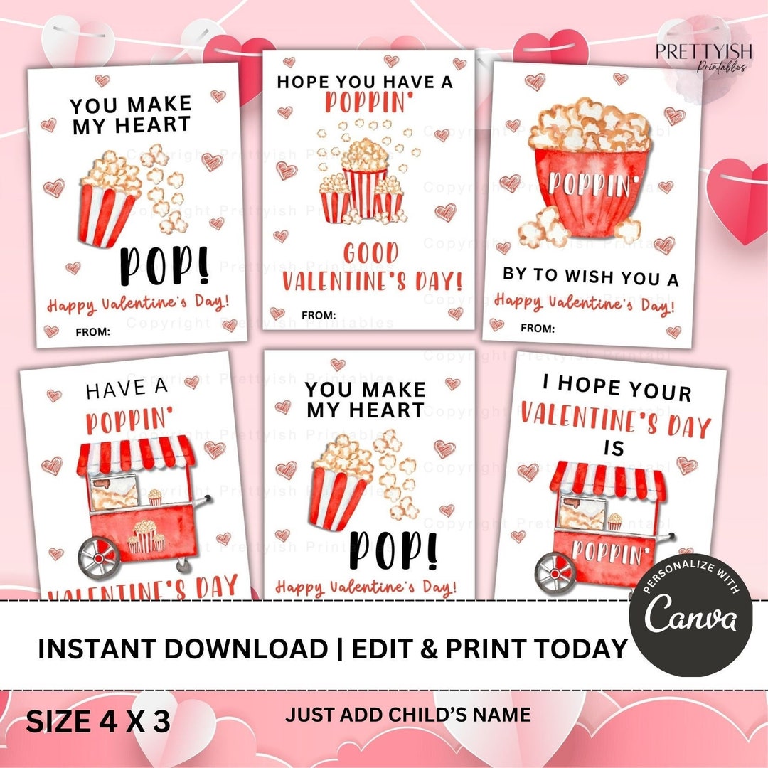 Popcorn Valentine Printable, Printable Valentine Cards, Kids Valentine ...