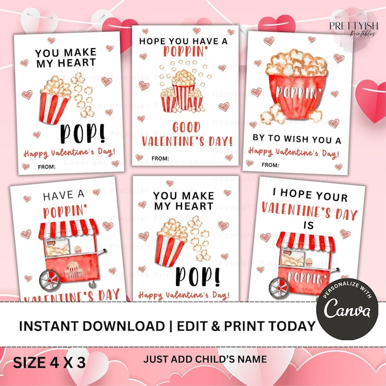 Popcorn Valentine Printable, Printable Valentine Cards, Kids Valentine ...