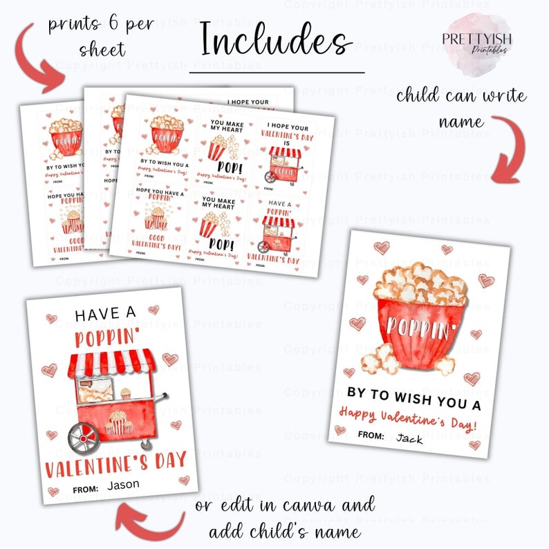 Popcorn Valentine Printable, Printable Valentine Cards, Kids Valentine ...
