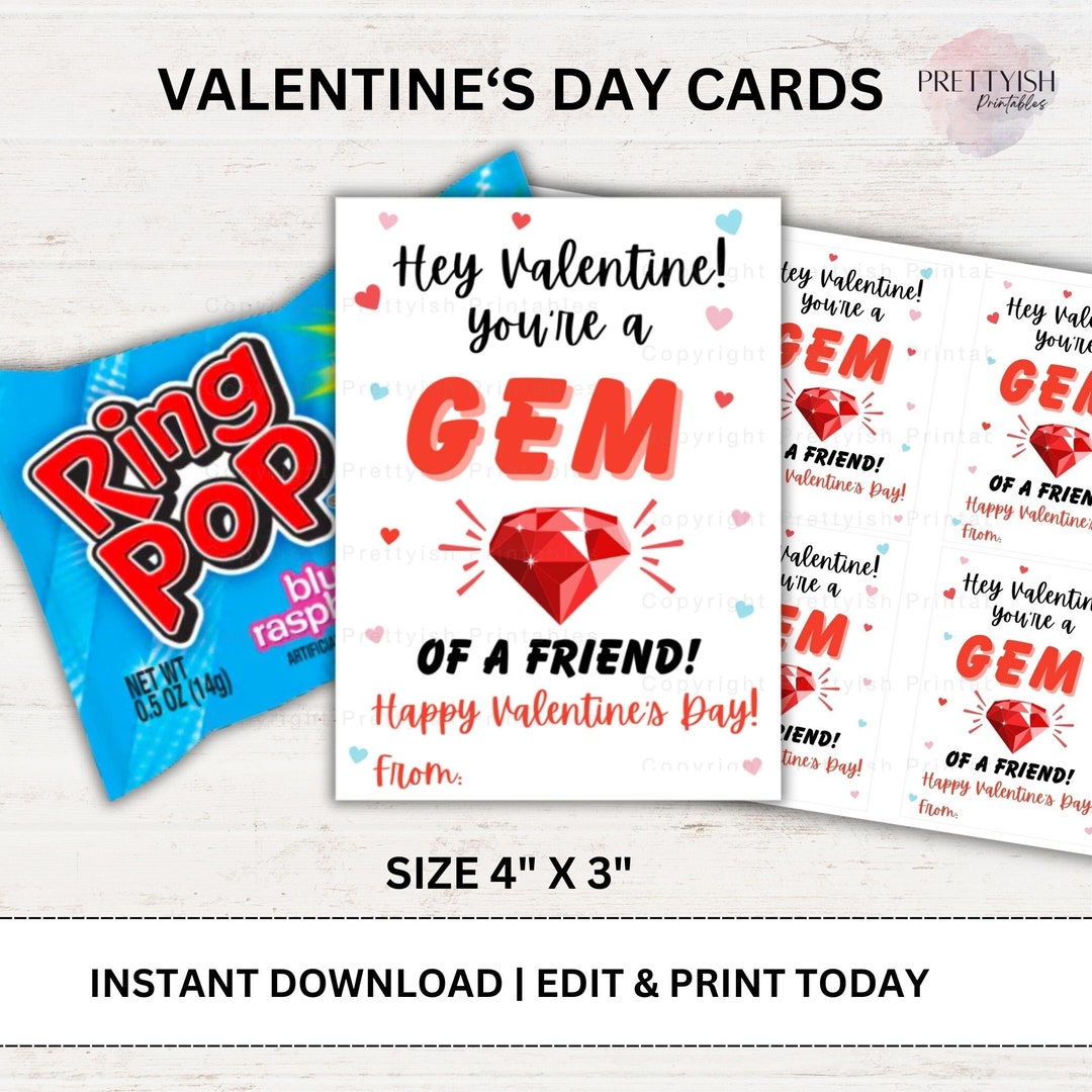 Ring Pop Valentines Printable Tag for Kids Classroom, Gemstone ...