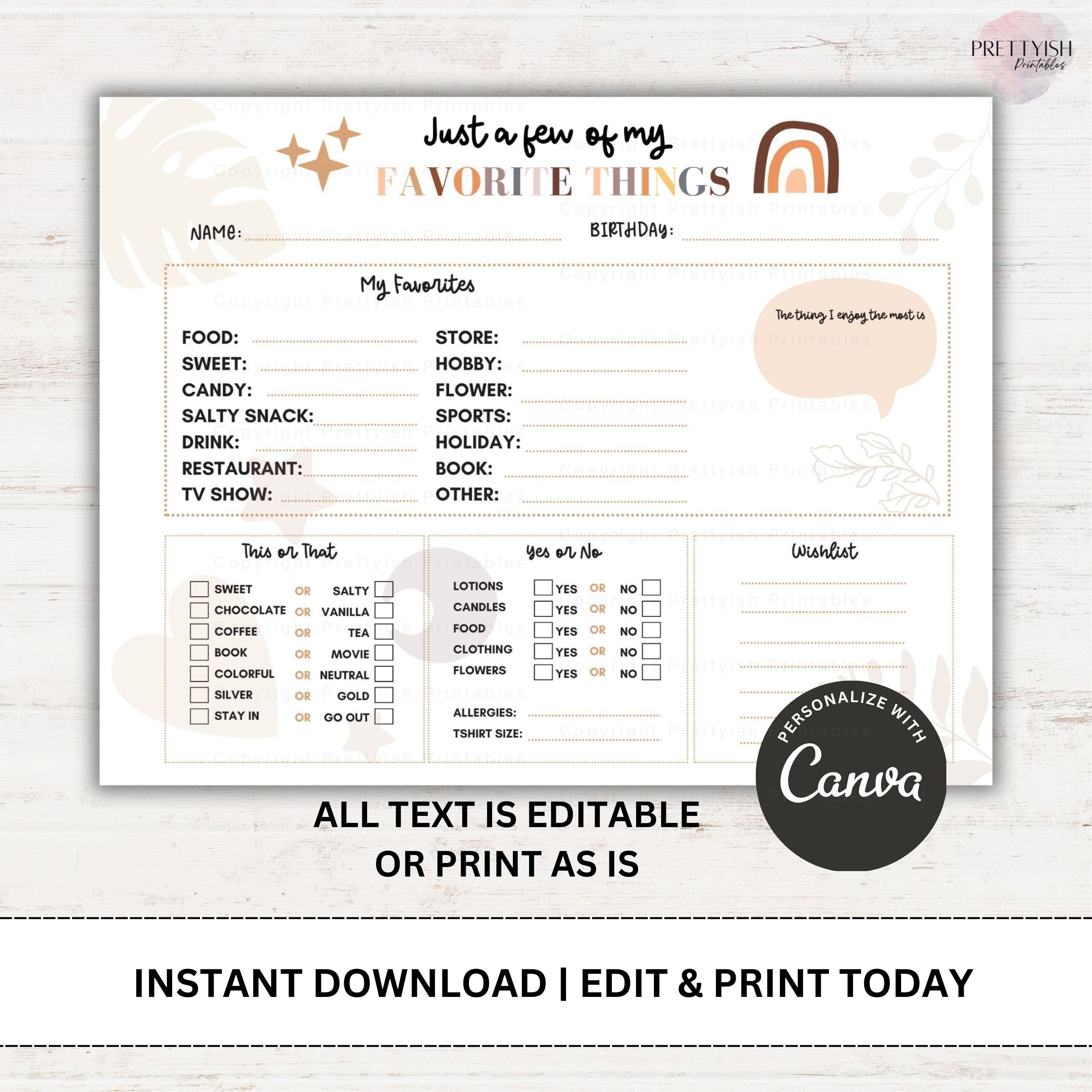 Teachers Favorites List Editable Template Printable, Meet the Teacher ...