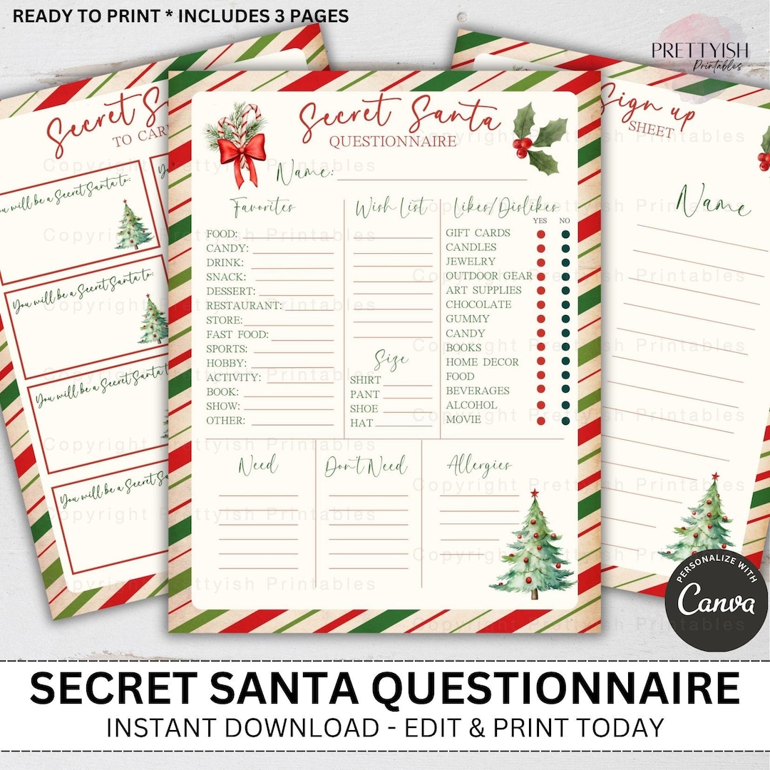 Editable Secret Santa Questionnaire Template Work, Office, Family Gift ...
