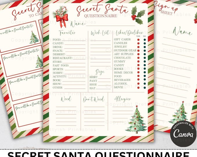 Editable Secret Santa Questionnaire Template for Work/office/family ...