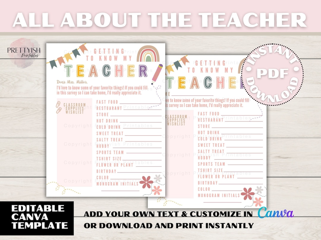 About the Teacher Editable Template Printable, Teacher Questionnaire ...