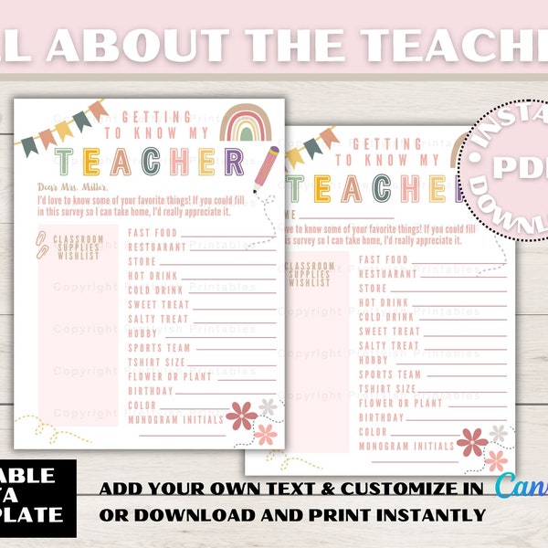 Meet the Teacher Questionnaire Template - Etsy