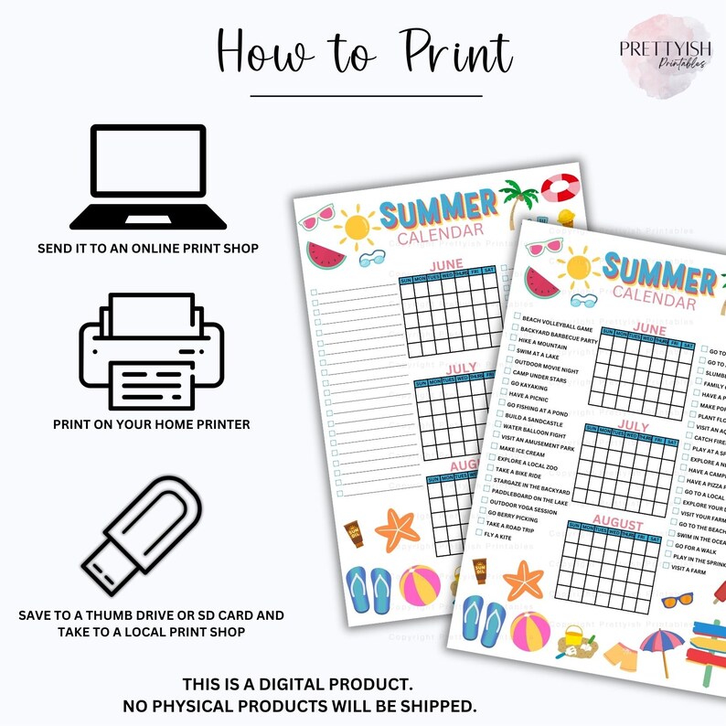 Printable Summer Calendar Poster, Summer Activities Calendar, Bucket ...