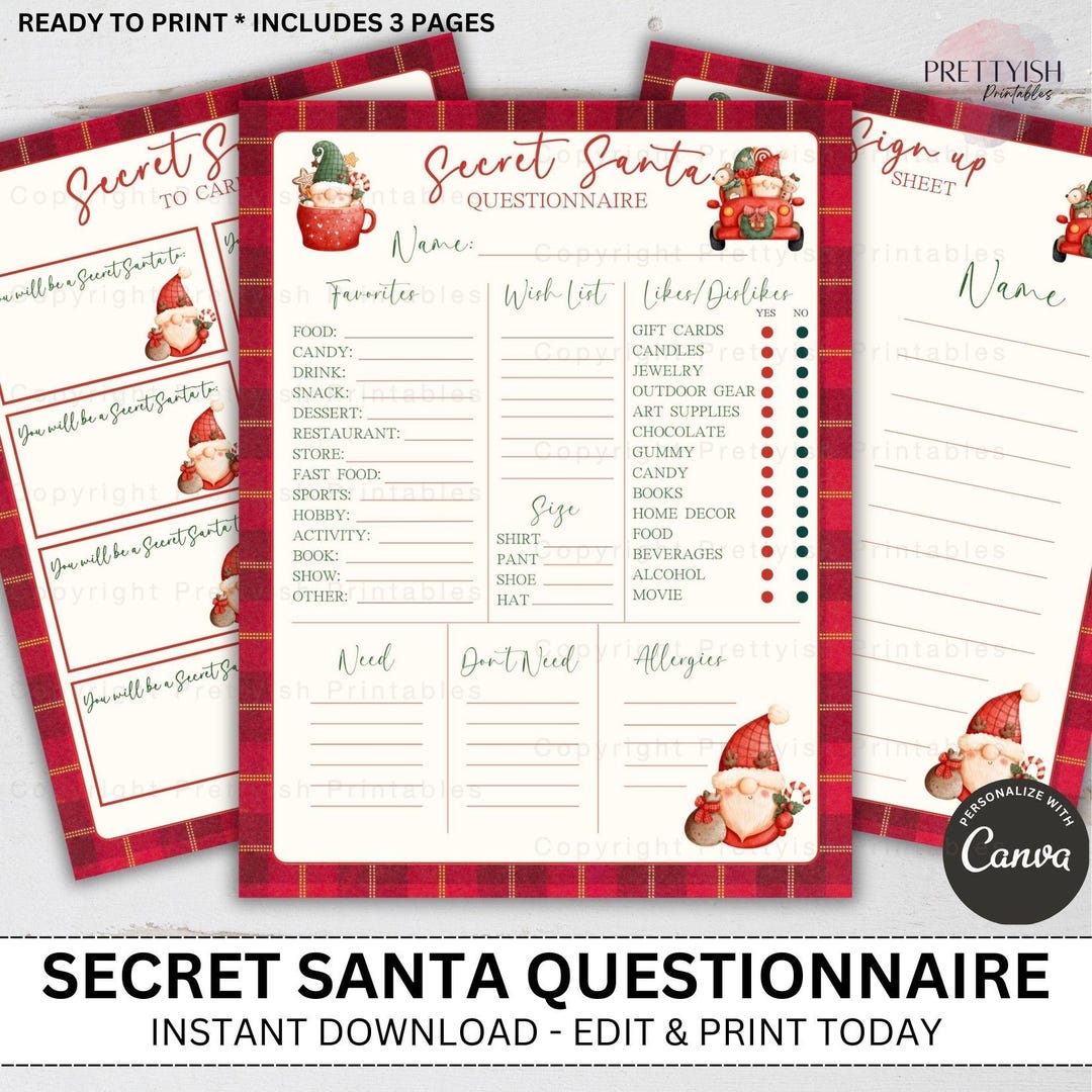 Editable Secret Santa Questionnaire Template Work, Office, Family Gift ...