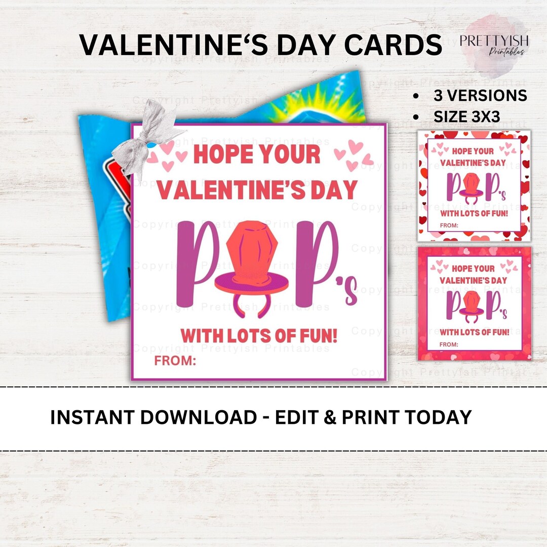Valentines Ring Pop Cards, Pop Label, Kids Valentine Cards, Printable ...