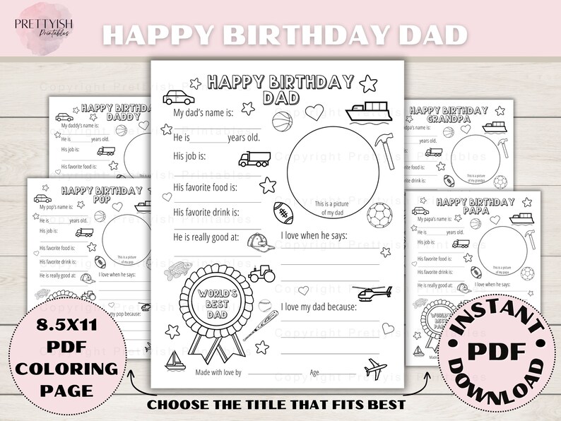 Happy Birthday Dad Printable, Fill in the Blanks, Coloring Sheet, Happy ...