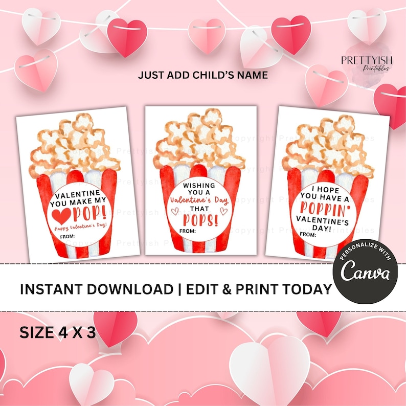 Popcorn Valentine Printable, Printable Valentine Cards, Kids Valentine ...