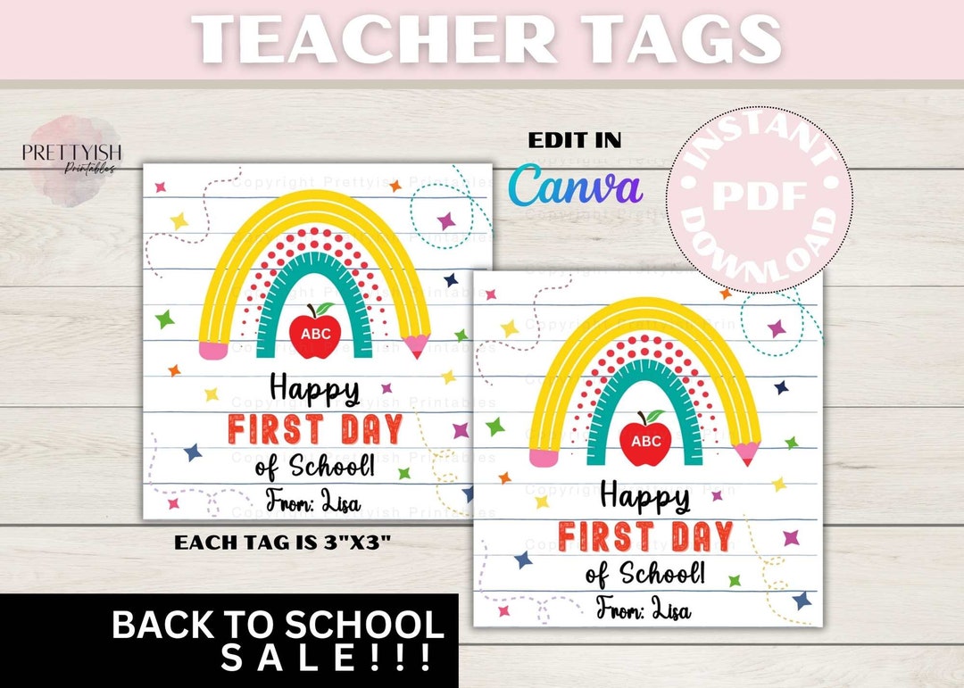 Printable First Day of School Gift Tag, School Supplies Rainbow Tag ...