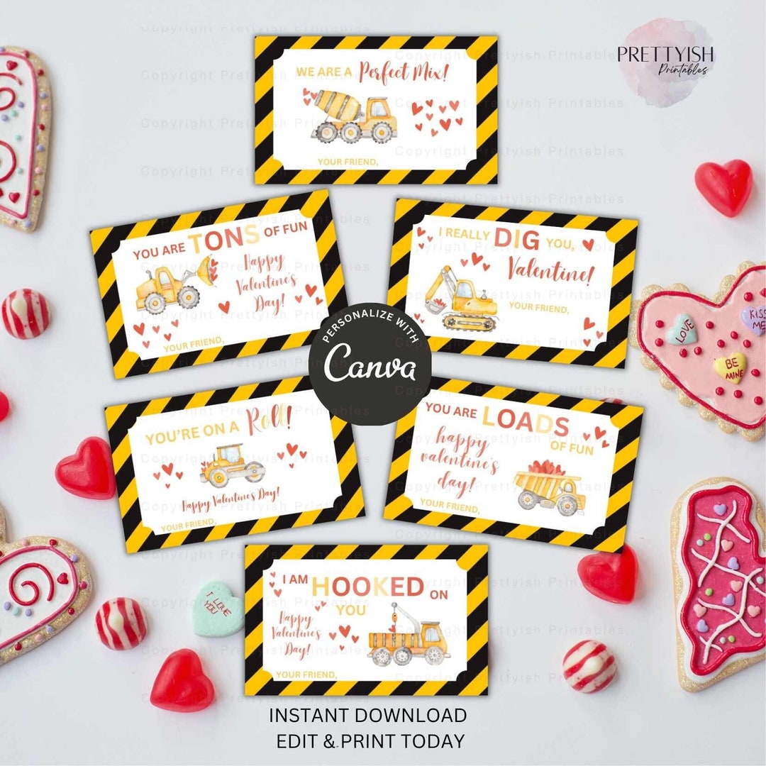 Kid Construction Valentine Tags, Kids Valentine Cards, I Really Dig You ...