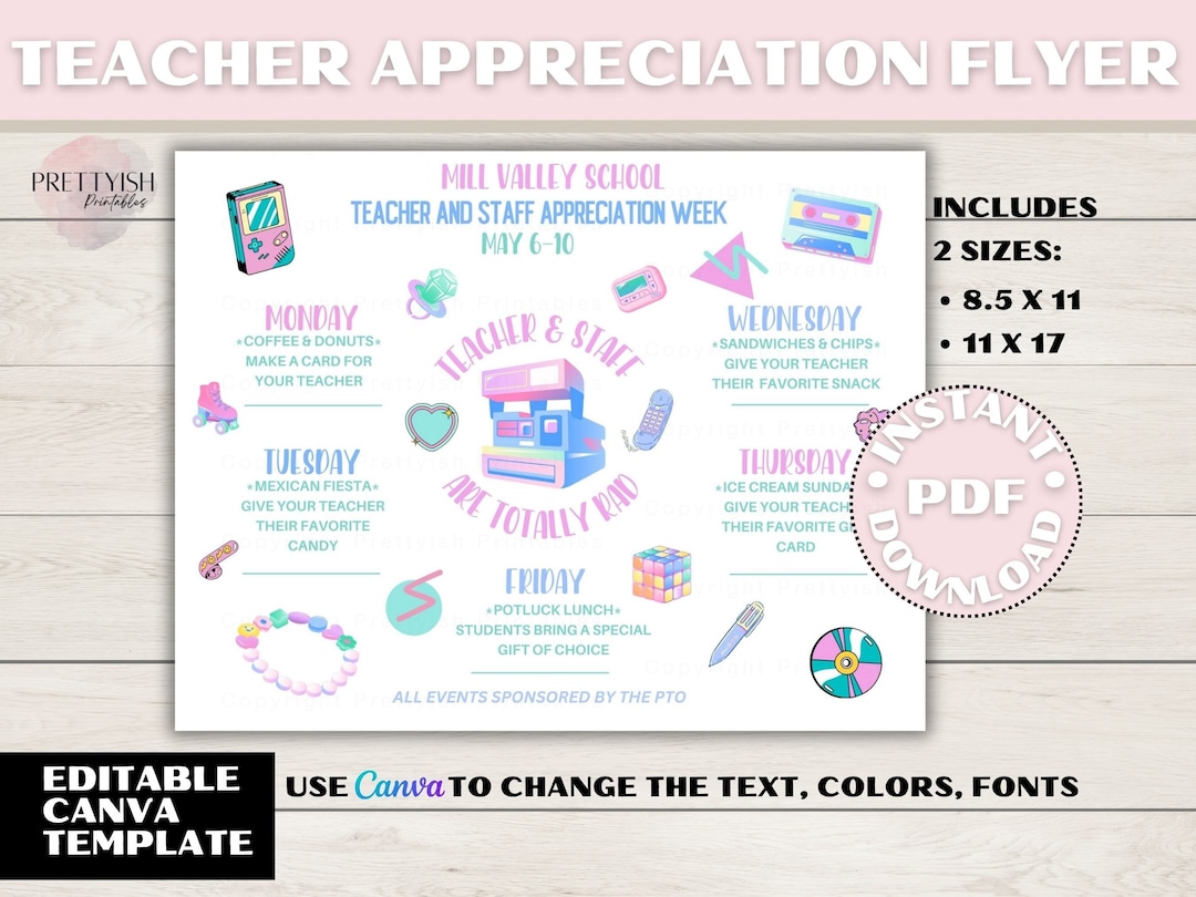 Editable 90s Theme Teacher and Staff Appreciation Week Flyer, Printable ...