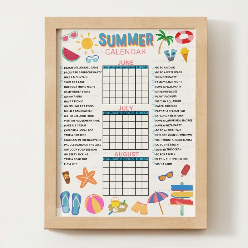 Printable Summer Calendar Poster, Summer Activities Calendar, Bucket ...