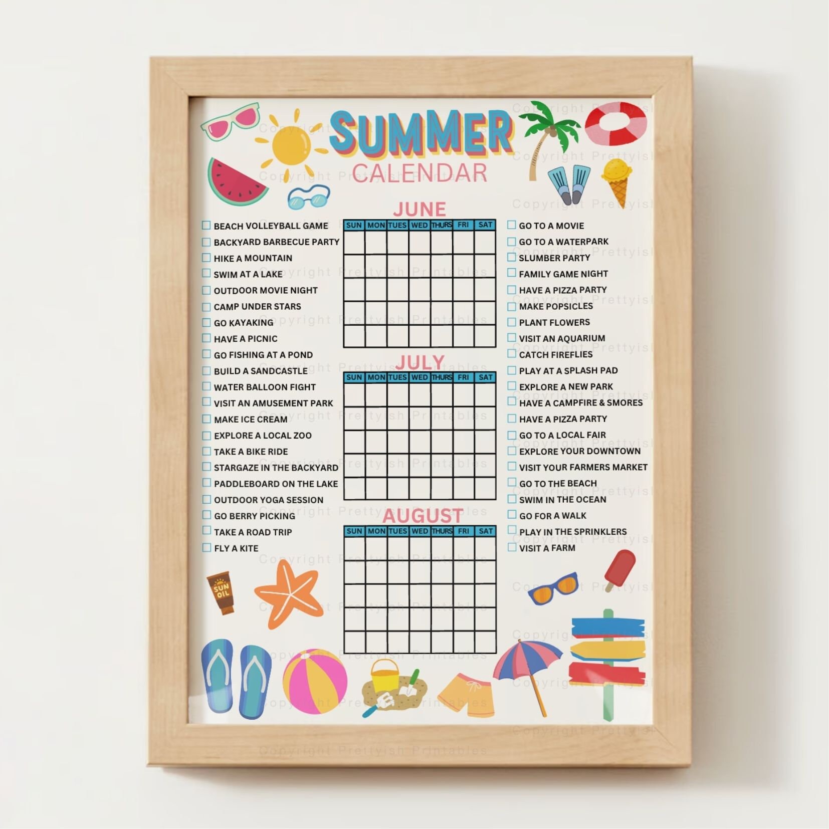 Printable Summer Calendar Poster, Summer Activities Calendar, Bucket ...