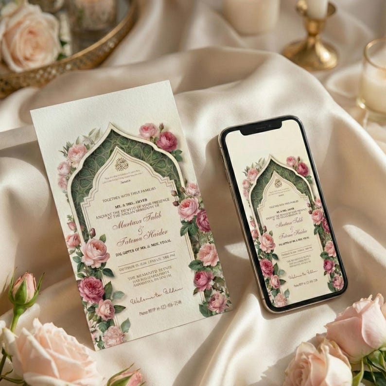 Nikkah Invitation Template, Islamic Wedding Invite, Floral Arch Muslim ...