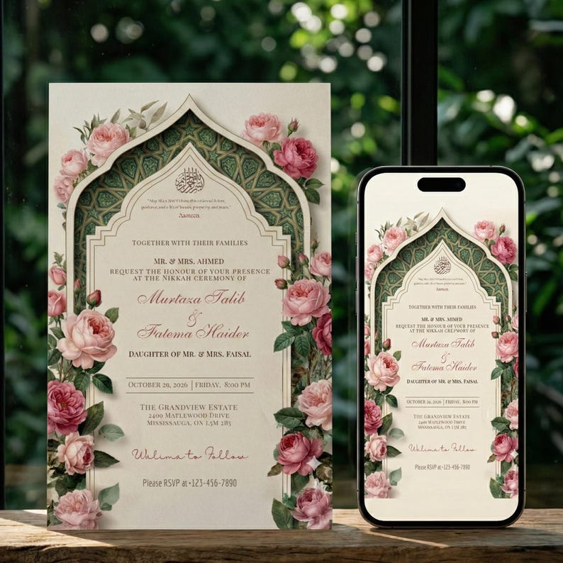 Nikkah Invitation Template, Islamic Wedding Invite, Floral Arch Muslim ...