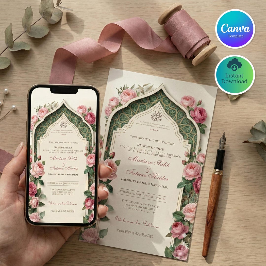 Nikkah Invitation Template, Islamic Wedding Invite, Floral Arch Muslim ...