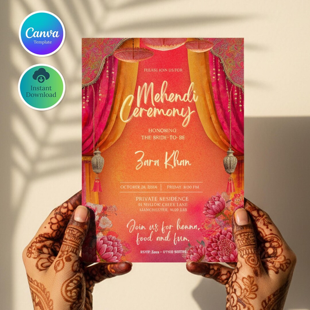 Mehendi Ceremony Invitation Template, Indian Wedding Henna Party Invite ...