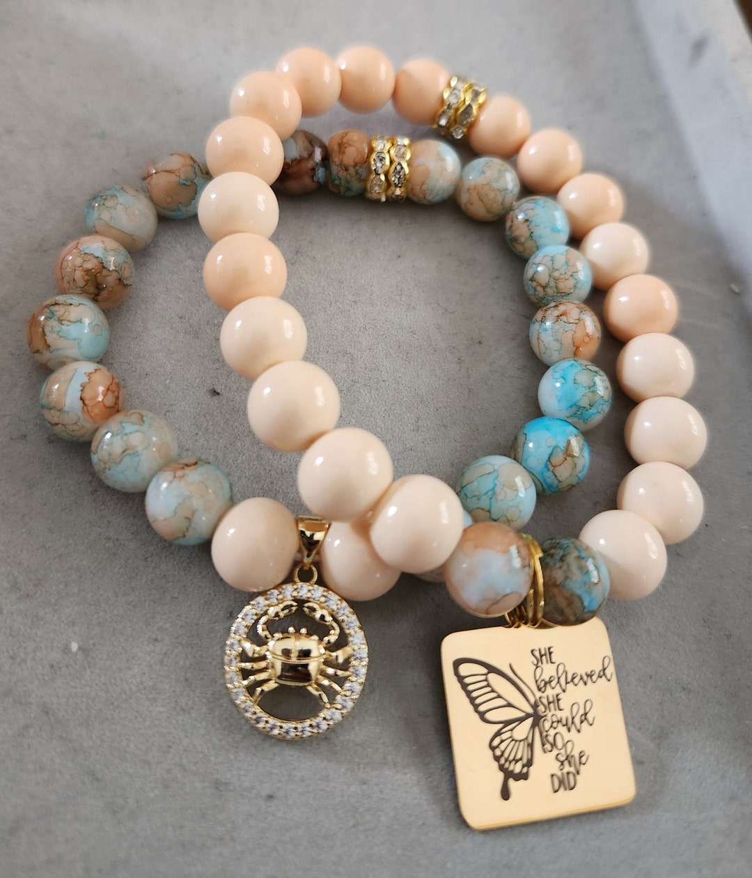 Cancer Charm Bracelet Set: 10MM Glass Beads, Motivational Charm - Etsy