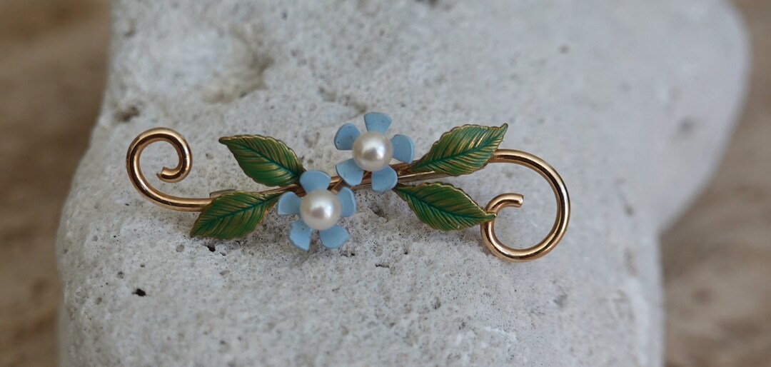 Vintage Krementz 14K Gold Overlay Enamel Flowers and Pearls Brooch, Pin ...
