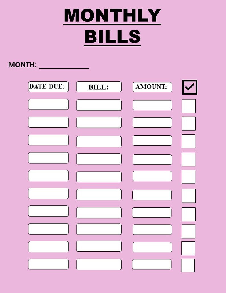 Editable Monthly Bills Track Sheet Printable(pink), Bills Track Sheet ...
