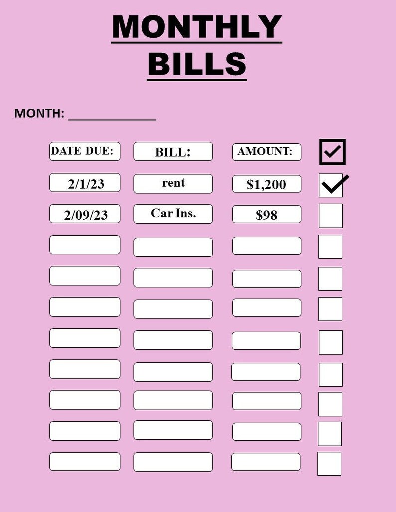 Editable Monthly Bills Track Sheet Printable(pink), Bills Track Sheet ...