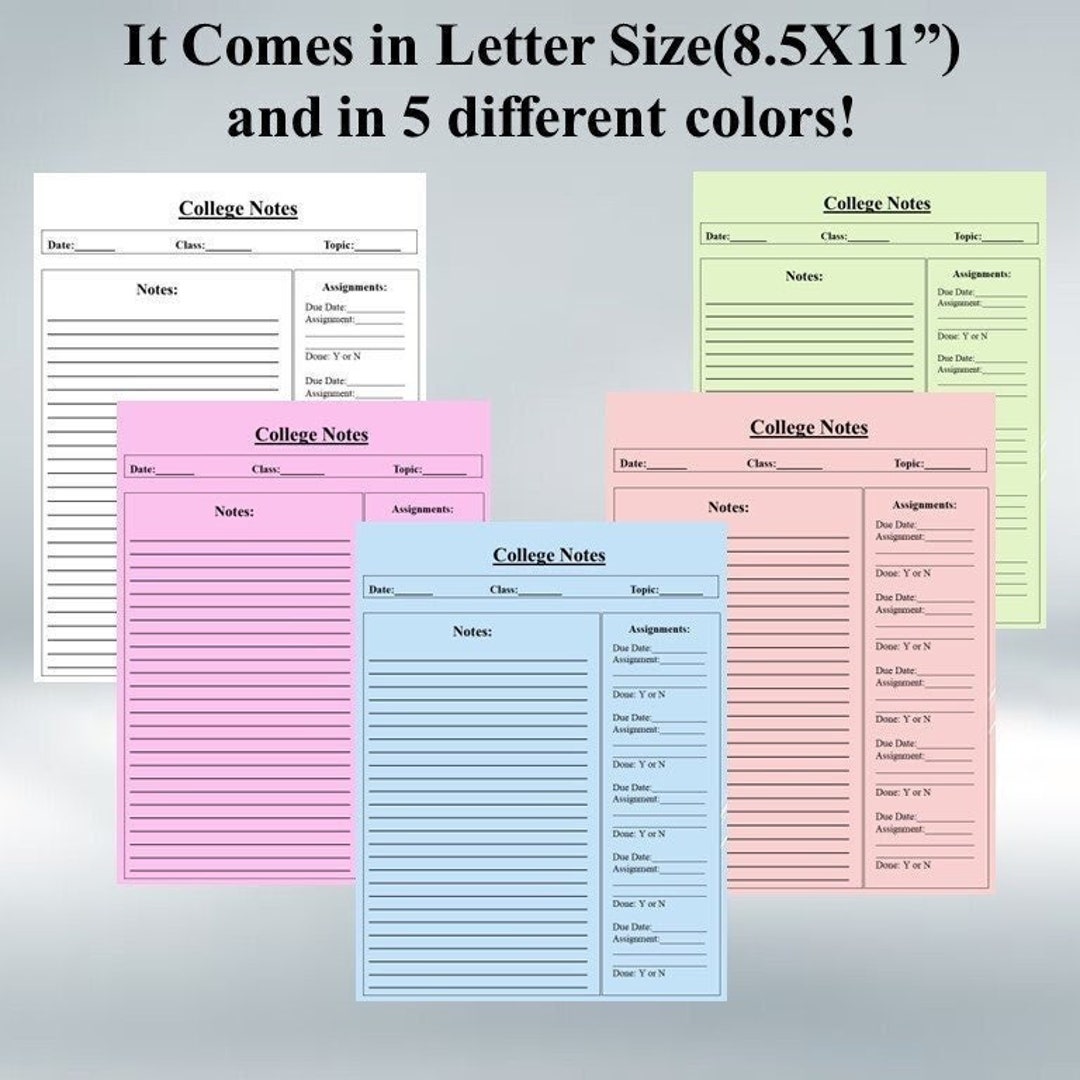 Digital College Notes Template Letter Size8.5x11: Multi-color, College ...