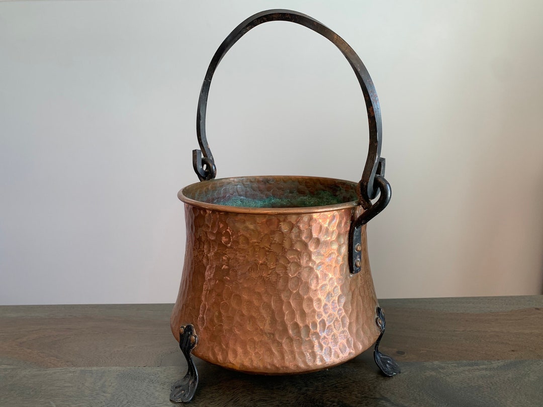 Hammered Copper Cauldron Iron Handle Made in West Germany Vintage Three ...