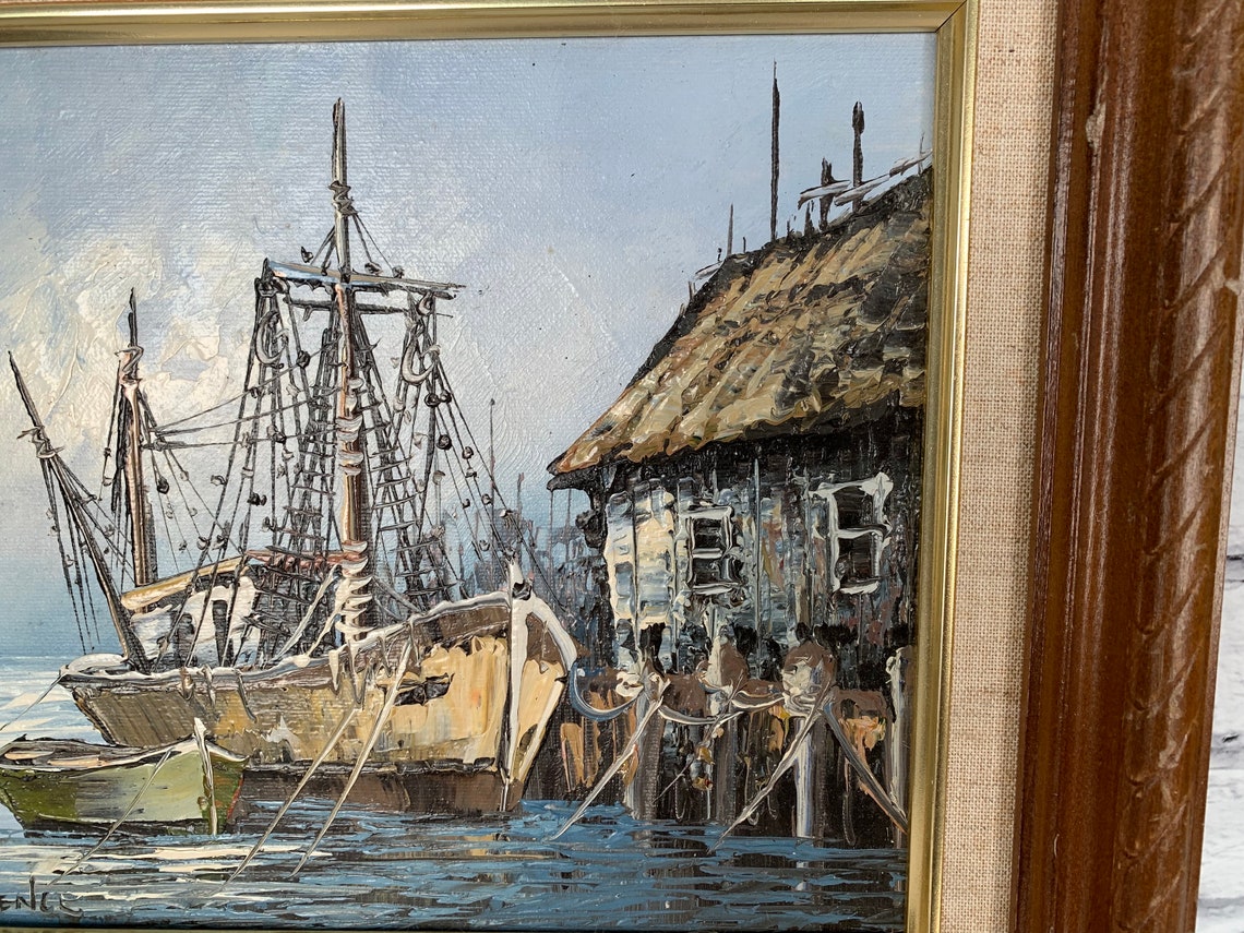 Oil Painting on Canvas Fishing Boats Signed Florence Vintage in the ...