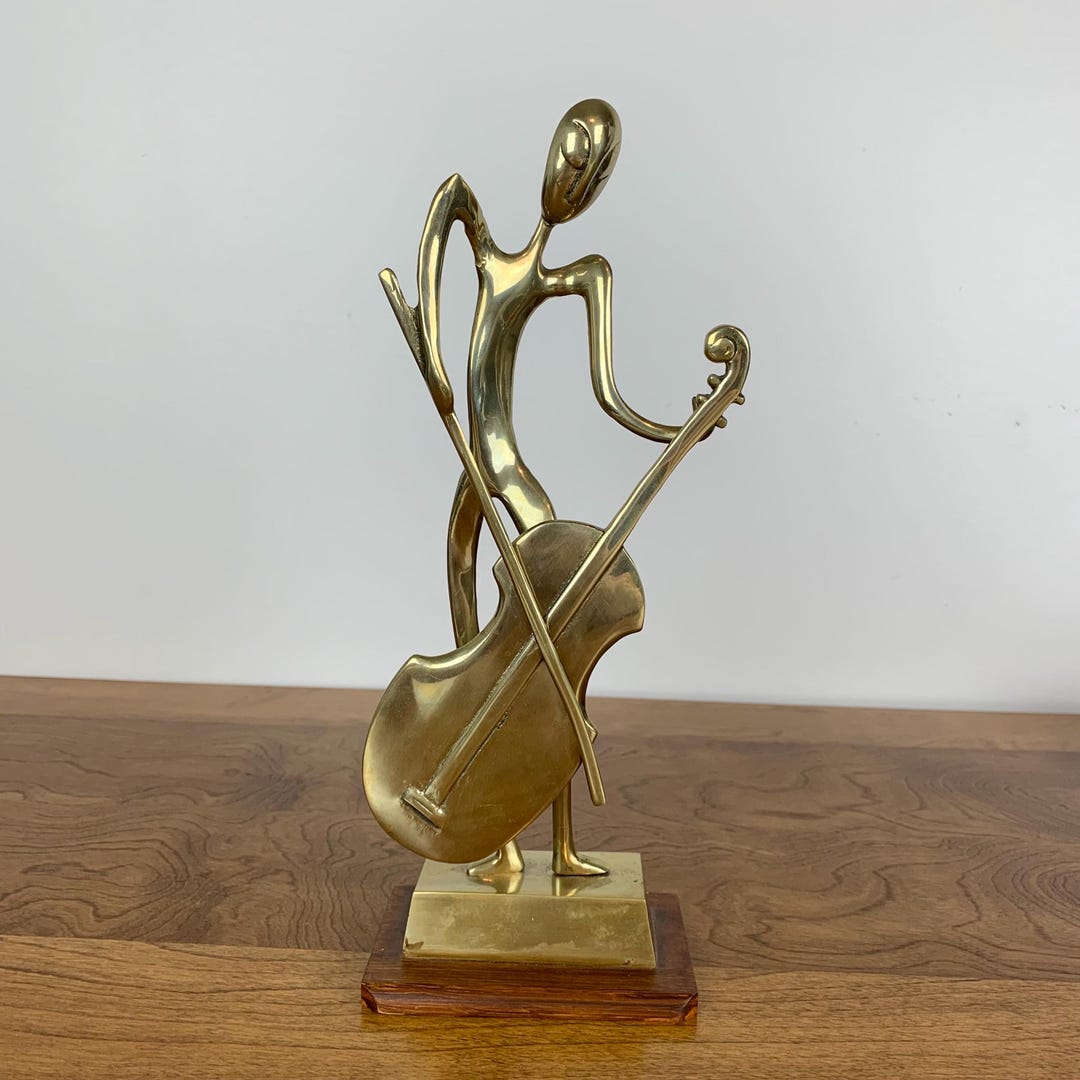 Brass Sculpture Figure Playing Cello Musician Gold Toned Vtg Tall ...